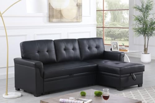 Lilola Home Lexi Black Synthetic Leather Modern Reversible Sleeper Sectional Sofa with Storage Chaise