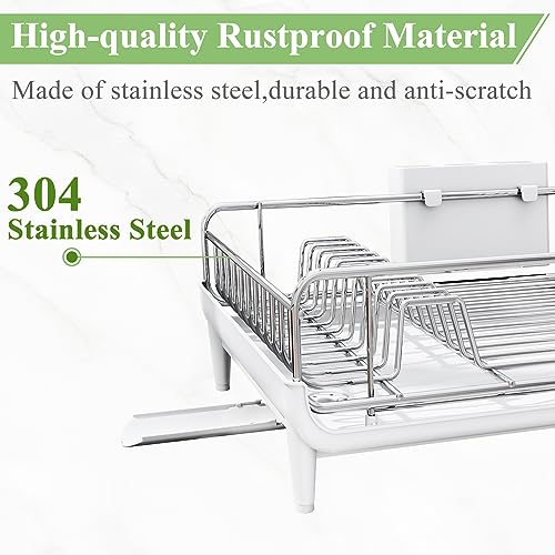 Dish Drying Rack, Expandable Dish Racks for Kitchen Counter with Versatile Pot Pan Rack, Large Stainless Steel Dish Drainers with Utensil Holder, White