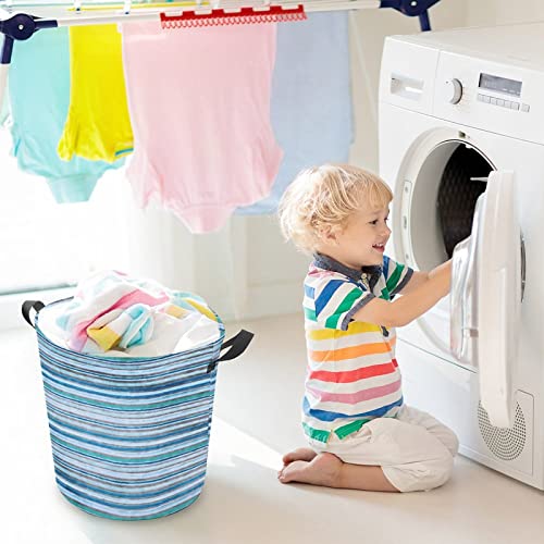Collapsible Laundry Baskets Ocean Dye Wave Strips Waterproof Laundry Hamper with Handles Teal Blue Round for Dirty Clothes,Kids Toys,Bedroom,Bathroom
