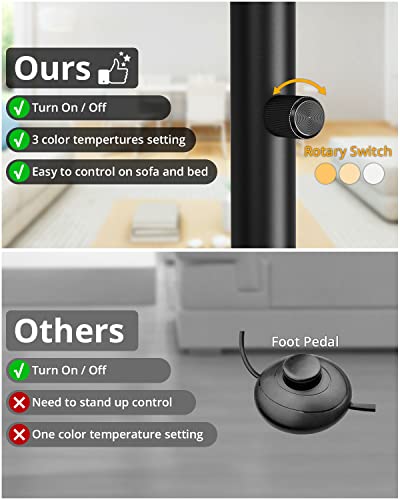 Floor Lamp for Living Room,Modern Lamp with Rotary Switch, Adjustable Tall Standing Reading Lamp with Hanging Linen Shade for Bedroom, Office, Black(3 Color Temperatures Bulb Included )