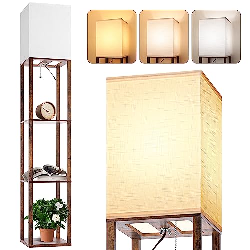 Floor Lamp with Shelves for Living Room Brown, Shelf Floor Lamp with 3 CCT LED Bulb, Corner Display Standing Column Lamp Etagere Organizer Tower Nightstand with White Linen Shade for Bedroom