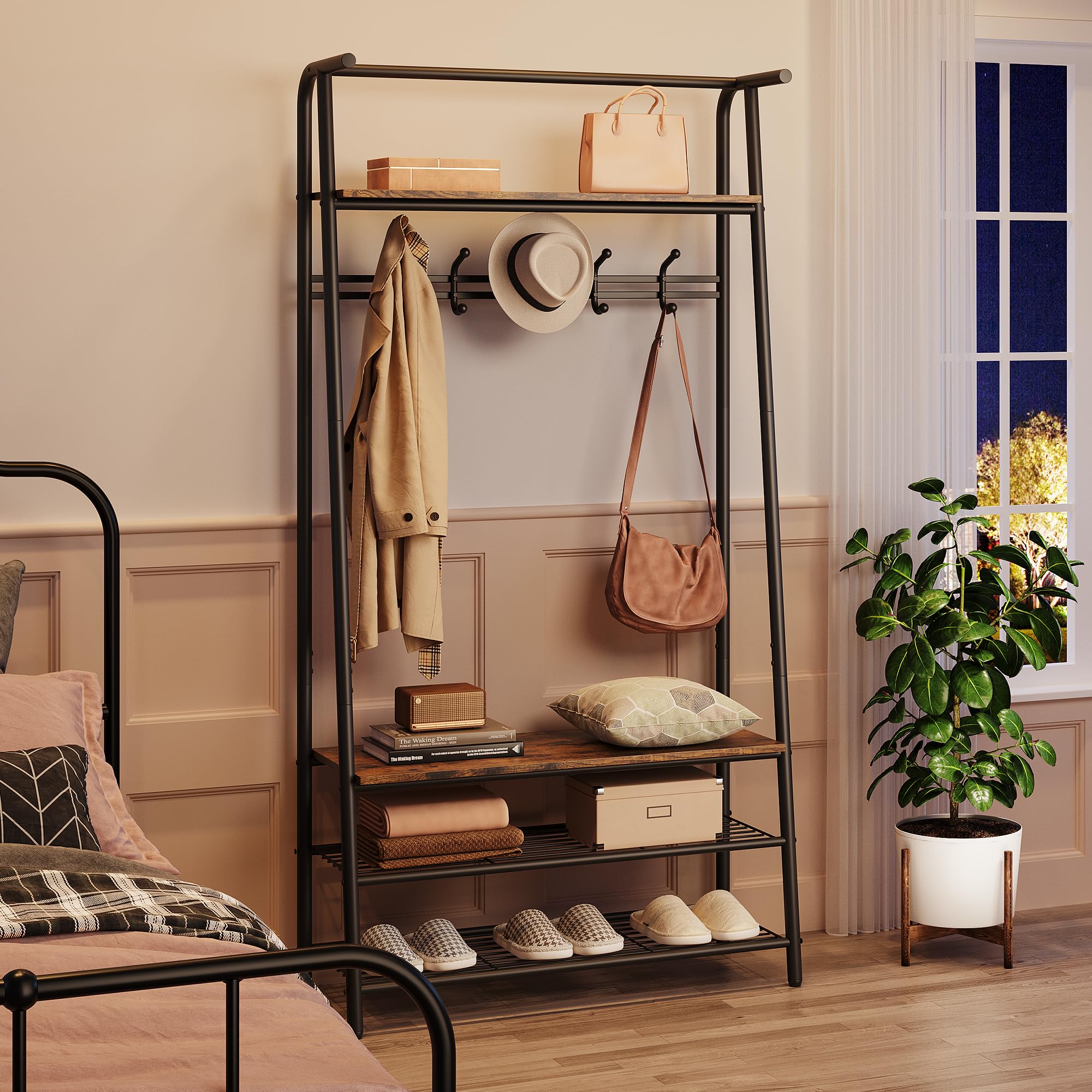 Coat Rack Shoe Bench with 5 Hooks, Entryway Hall Trees with Storage, Multifunctional Hallway Organizer, Wood Look Accent Furniture with Metal Frame, 4-in-1 Hall Trees Shoe Bench (5 Hooks-31.5 In)