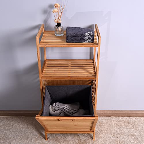 Floor Stand Bamboo Laundry Hamper Cabinet Organizer, Bathroom Storage Shelf Cabinet with Tilt Out Laundry Basket Dirty Clothes Bag for Laundry Room Bathroom Bedroom Closet