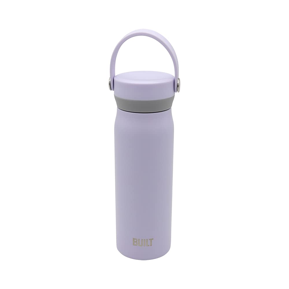 BUILT Cascade Double Wall Vacuum Insulated Stainless Steel Wide Mouth Water Bottle with Comfort Grip and Carry Handle Lid, 20 ounces, Lavendar