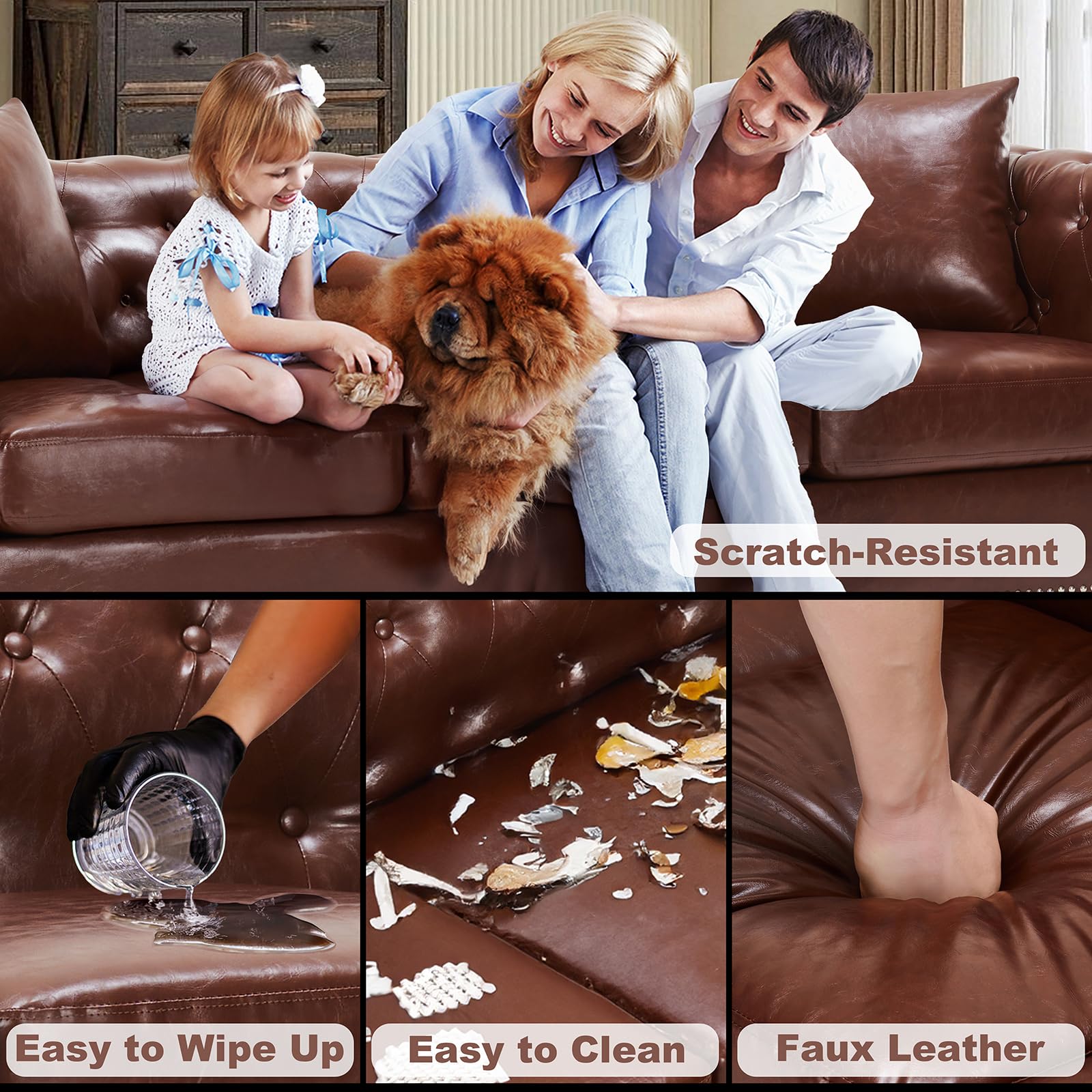 Chesterfield Sofa 83.4 " Faux Leather Couches with Gourd Wooden Legs, Deep Seat Comfy 3-Seater Upholstered Couch Button Nailhead Tufted Classic Couches for Living Room,Bedroom Easy to Assemble (Brown)