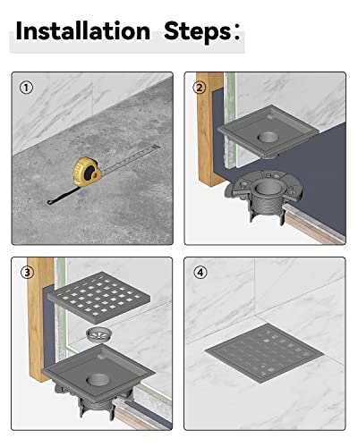 Black Shower Drain 4 Inch with Flange CUPC Certified- Made of 304 Stainless Steel, Square Shower Drain Includes Removable Cover Grid Grate,Thread Adapter, Shower Drain