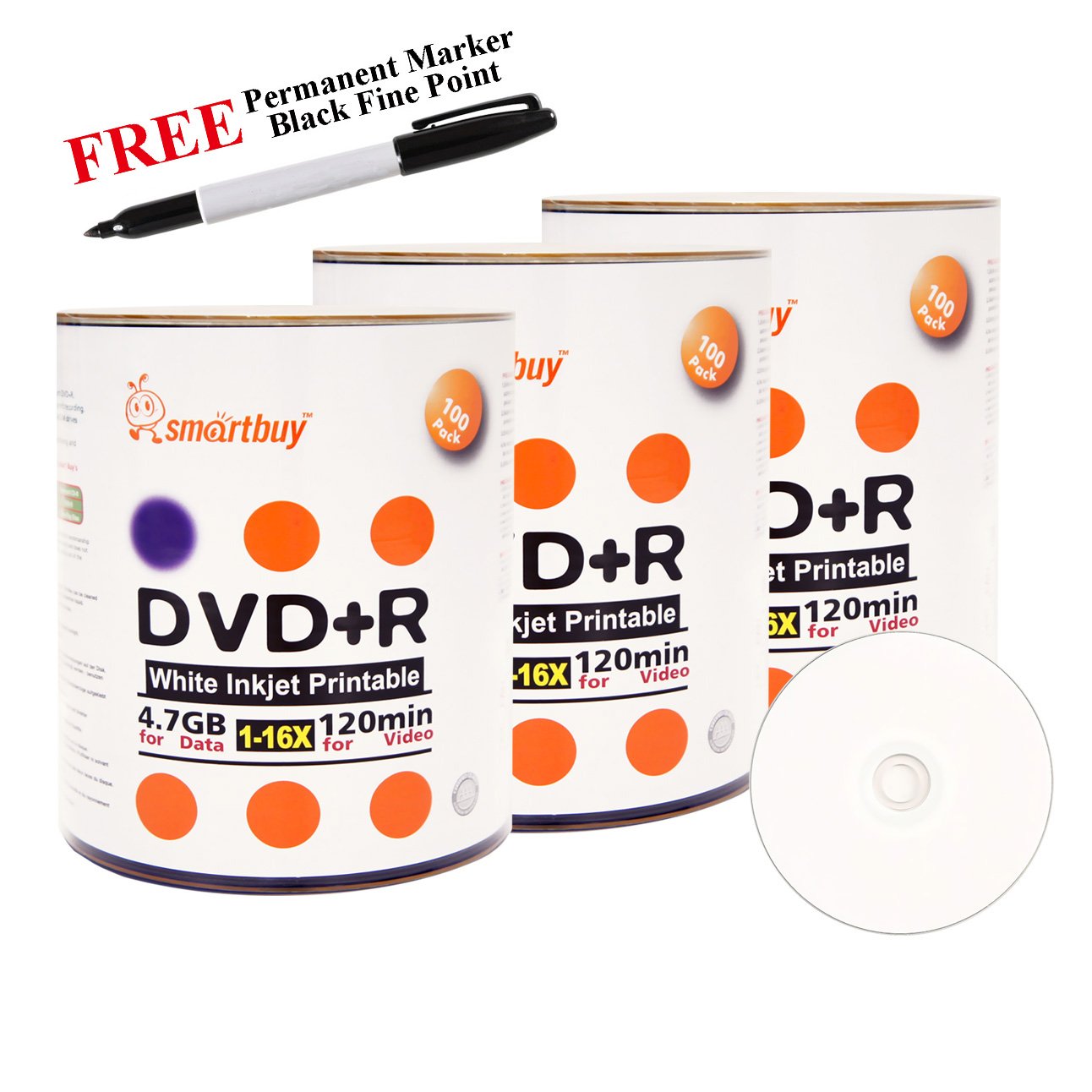 Smartbuy 300-disc 4.7GB/120min 16x DVD+R White Inkjet Hub Printable Blank Media Disc + Black Permanent Marker
