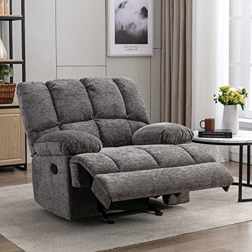 Dreamsir Oversized Rocker Recliner Chair, Manual Recliner Single Sofa Couch, Soft Fabric Overstuffed Rocking Chair for Living Room, Theater Seating for Big Man, Limestone Grey