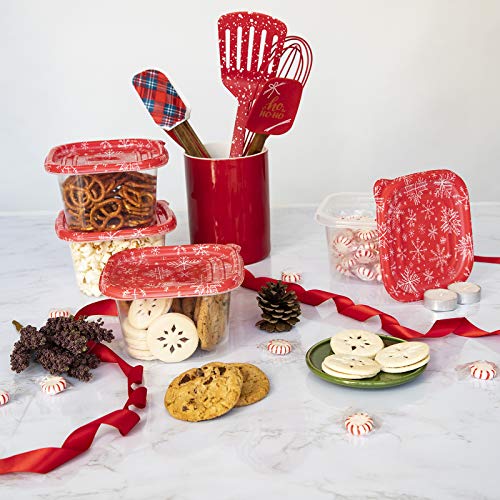 COOK WITH COLOR Containers with Lids - Holiday Plastic Food Storage Containers - Meal Prep Containers -10 Lunch Containers with 10 Lids, Airtight Reusable Containers -33.8 Oz / 1 L (Square Red Snowflakes)