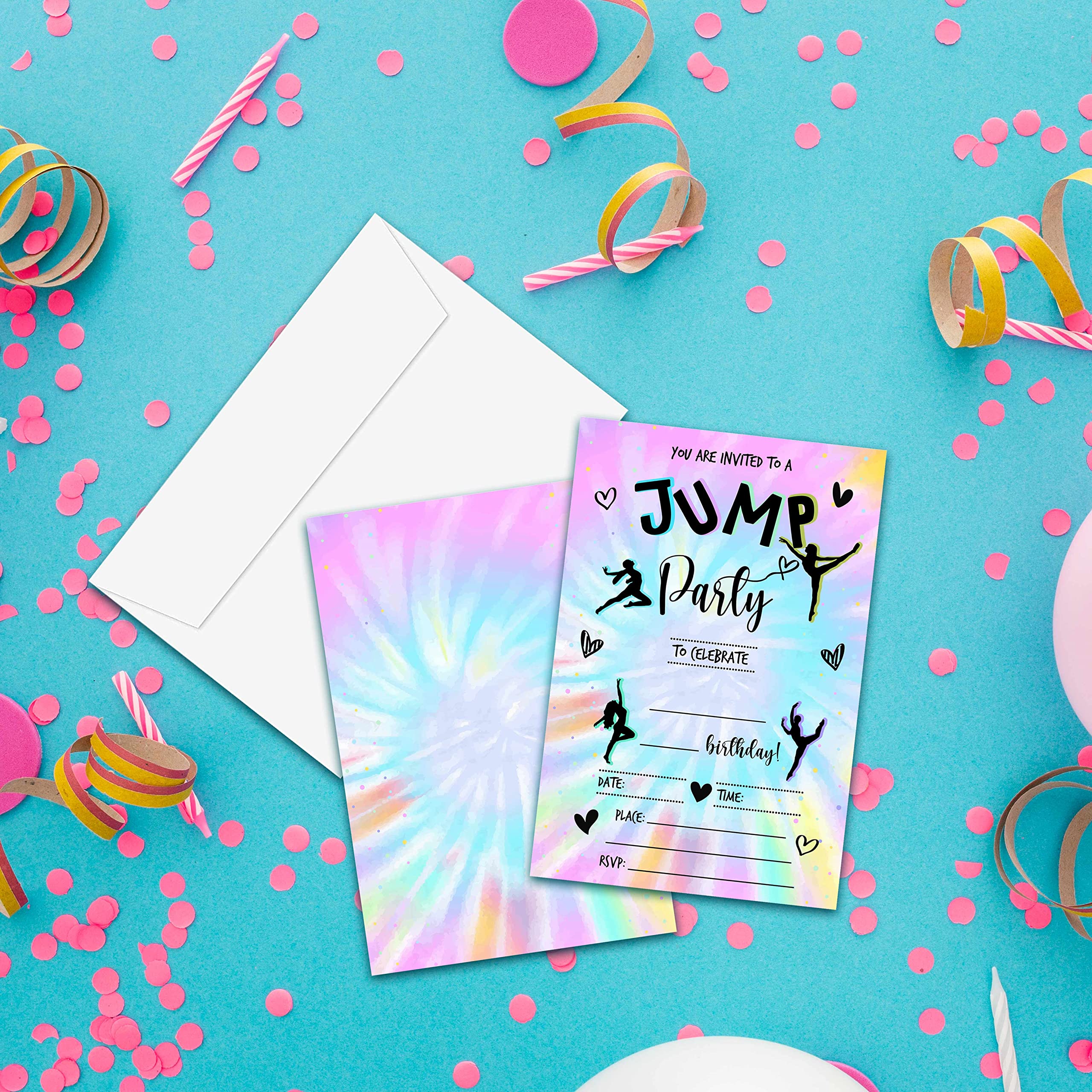 YQV Bounce House Jumping Party Birthday Invitations, 20-Count Invitations With Envelopes, Tie Dye Style Tampoline Birthday Party Decorations And Supplies-HBYQK-A02