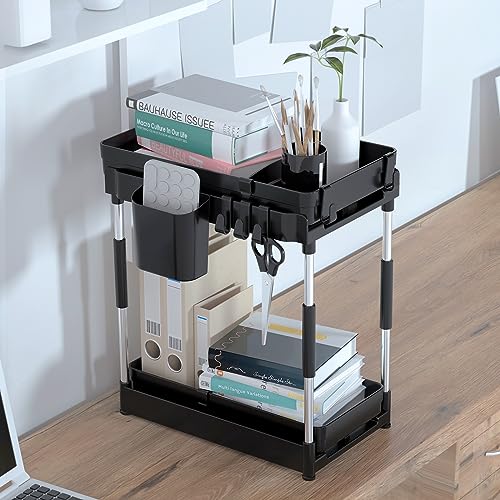 Double Sliding Under Sink Organizers and Storage - Adjustable 2 Tier Pull Out Under Cabinet Organizer Counter, Under Sink Storage for Bathroom and Kitchen, Multi-Purpose Organization and Storage Shelf