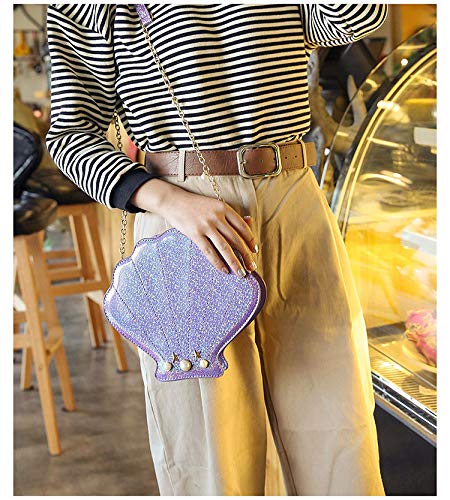 Hologram Laser Shell Shoulder Bags Pearl Cross-body Chain Purse Bags for Womens(Purple)