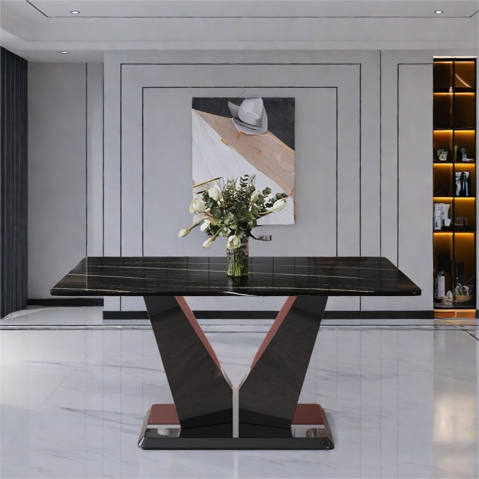 ChicFurnit Modern Dining Table with Tempered Glass Tabletop, Rectangle Dining Table with Rose Gold Colored Legs, for Living Room, Kitchen, Dining Room, Office