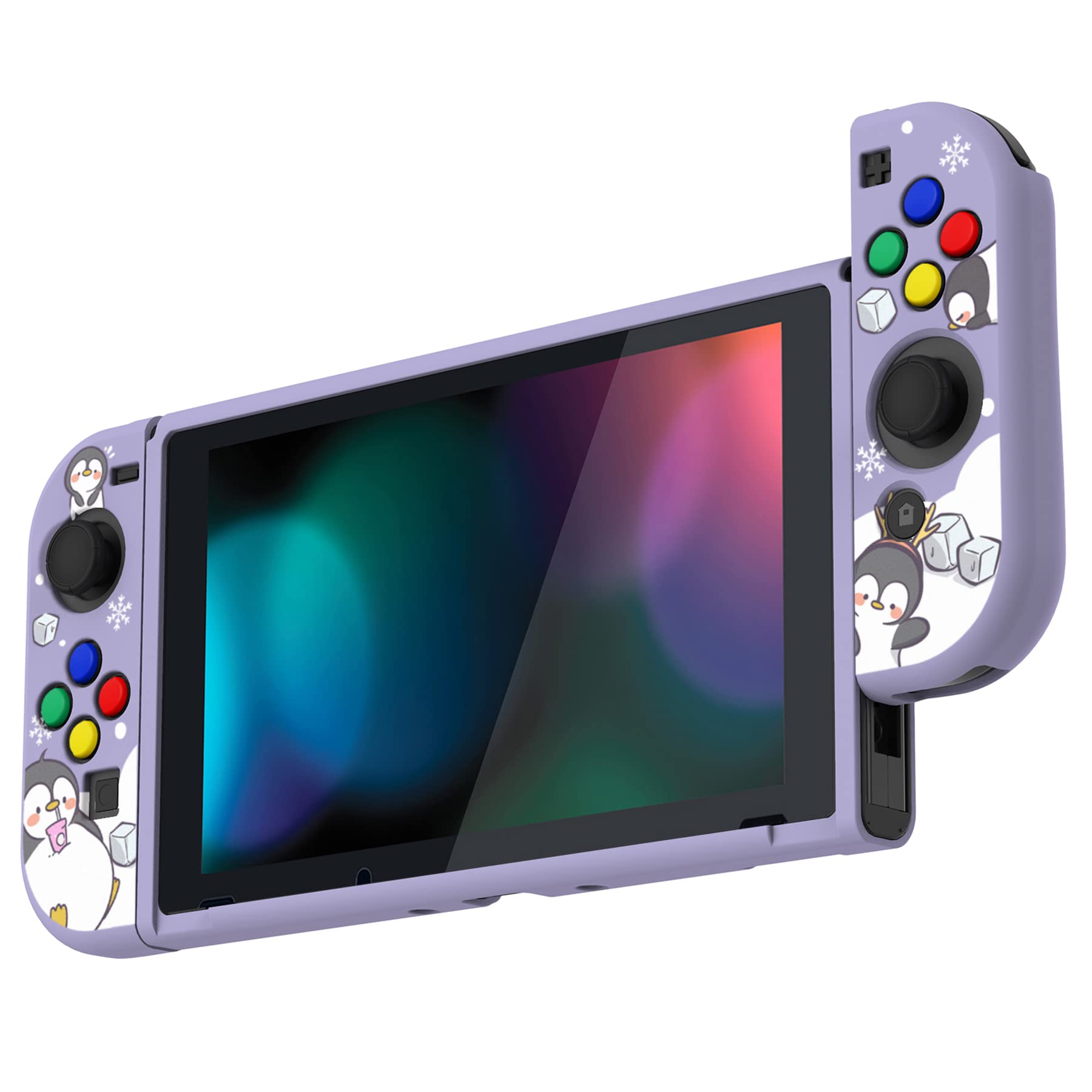 PlayVital ICY Cube Penguin Protective Case for Nintendo Switch, Soft TPU Slim Case Cover for Nintendo Switch Joycon Console with Colorful ABXY Direction Button Cap