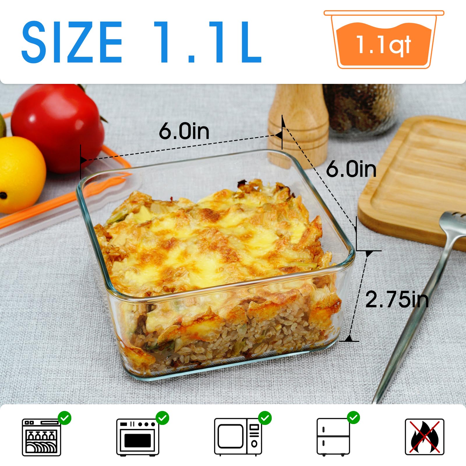 NUTRIUPS 1.1QT Square Glass Baking Dish with Lid, 6×6 inches Deep Small Baking Dish with Lid, Square Glass Baking Dishes for Oven