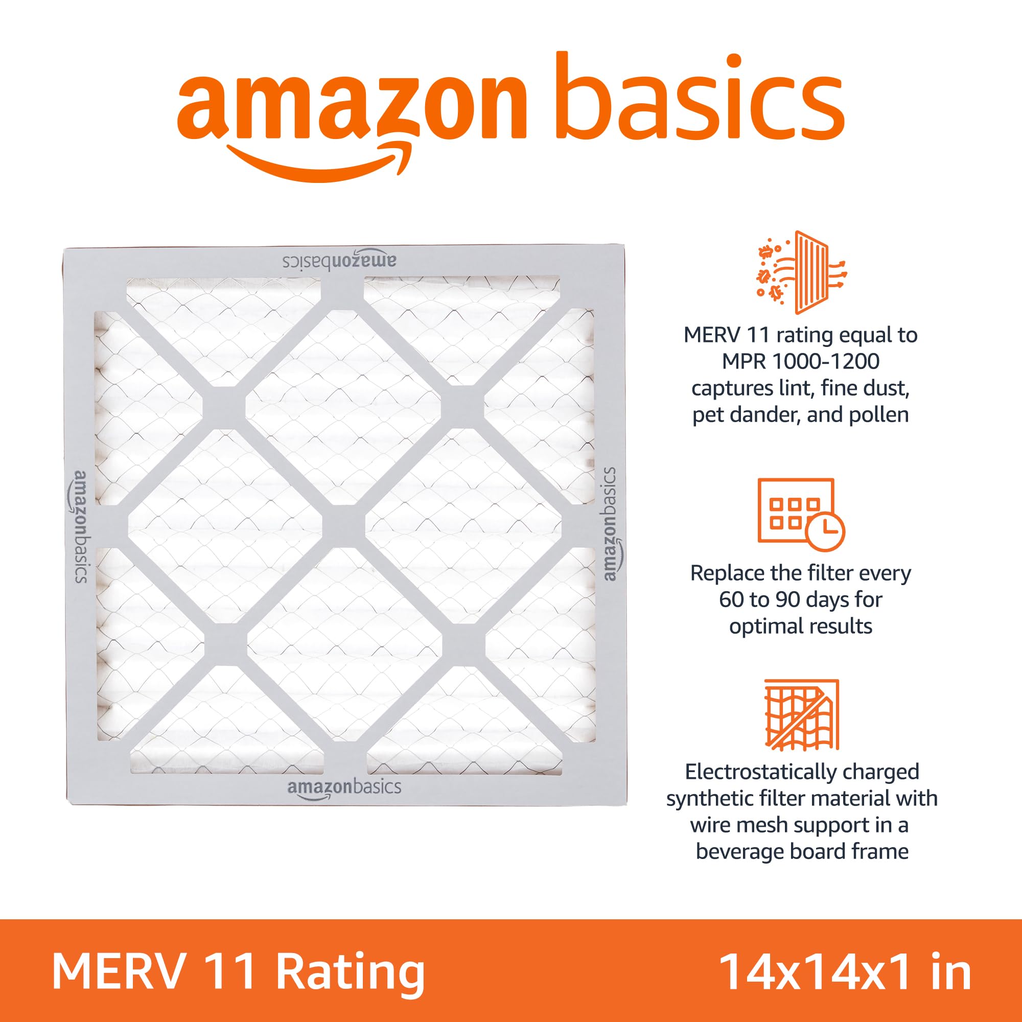 Amazon Basics Merv 11 AC Furnace Air Filter - 14'' x 14'' x 1'', 6-Pack