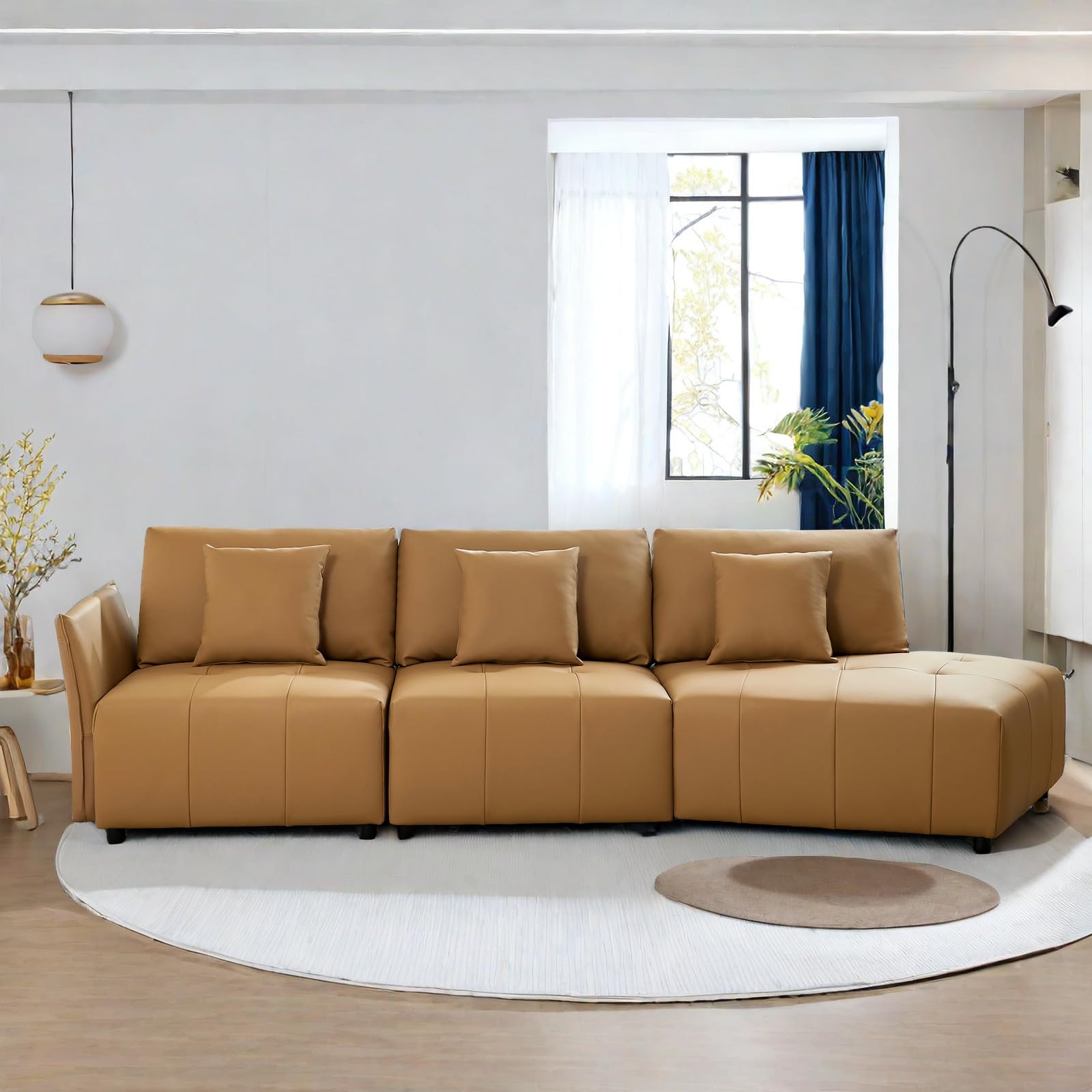 ChicFurnit Sectional Sofa, Couch with Three Movable Pillows & Positioned Armrests, Curved Real Leather 120" Upholstered Sofa with Sectional Chaise Lounge, Dark Yellow