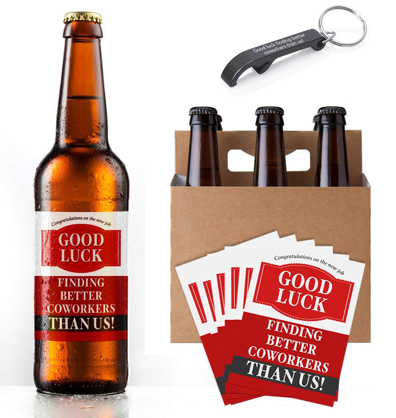 BRIGHTZY Coworker Leaving Gifts for Men & Women, Beer Labels, Bottle Opener Keychain and Carrier Gift Set, Good Luck Finding Better Coworkers Than Us