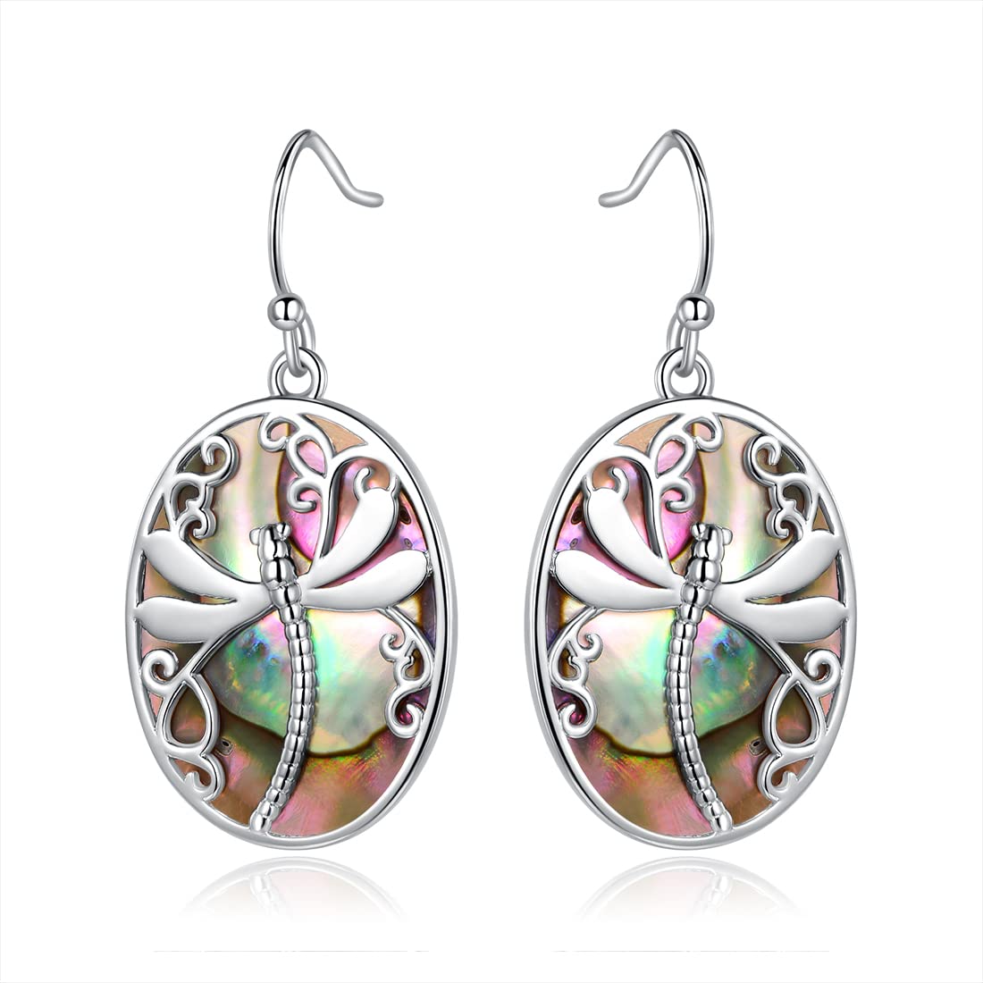 Barzel 18K White Gold Plated Abalone Dragonfly Dangling Earrings for Women - Made in Brazil