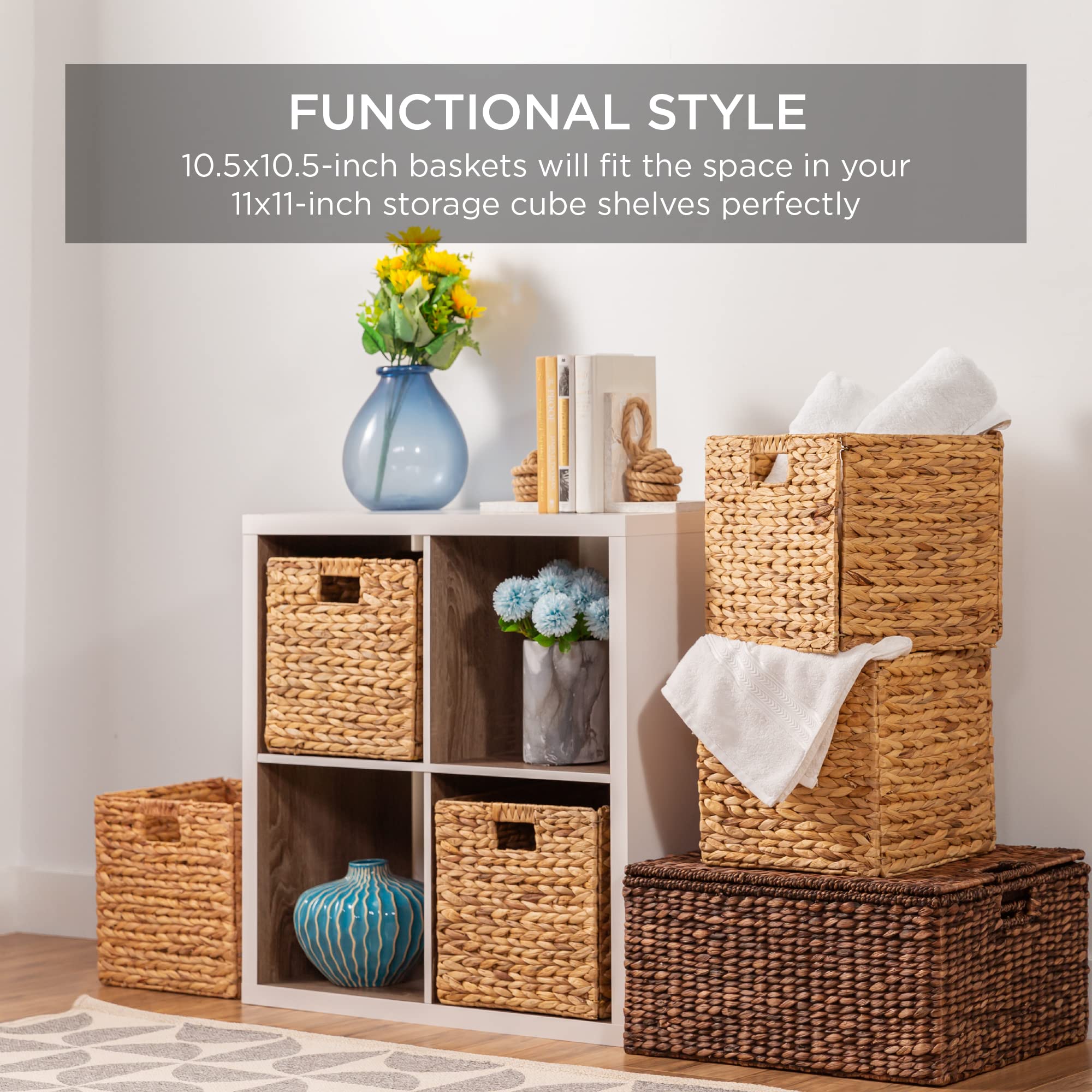 Best Choice Products 10.5x10.5in Hyacinth Baskets, Rustic Set Of 5 Multipurpose Collapsible Storage Organizer, Handwoven Laundry Totes for Bedroom, Living Room, Bathroom, Shelves - Natural