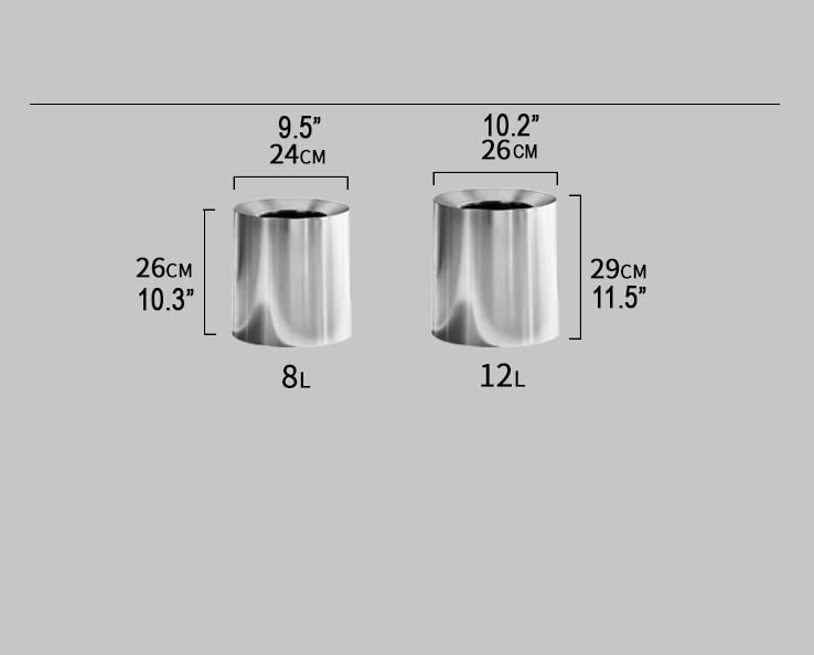 Sleek Metallic Silver Waste Basket - Stainless Steel Look Garbage Container - Spill Proof Trash Can - 12L/3.2Gal Capacity - Modern Garbage Pail - Futuristic Minimalist Style for Bedroom Living Room…
