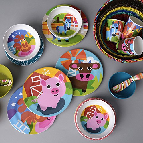 French Bull 4pc Toddler Kids Feeding Melamine Tableware Flatware BPA Free Dishwasher Safe, Durable Plate, Cup, bowl, Divided Tray Dinnerware Set, Farm, 4pc bowl set (74292)