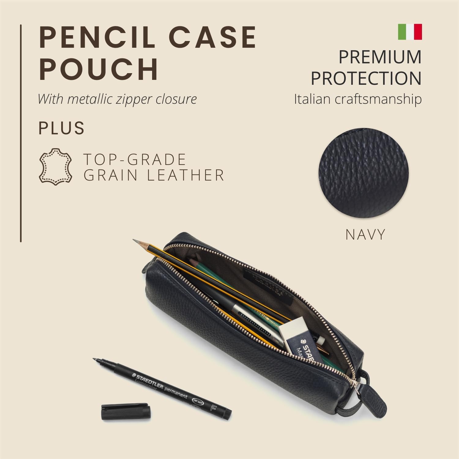 Maruse Pencil Case - Italian Grained Leather - Zipper Case for Pen and Pencils - Work Accessories Made in Italy - Navy
