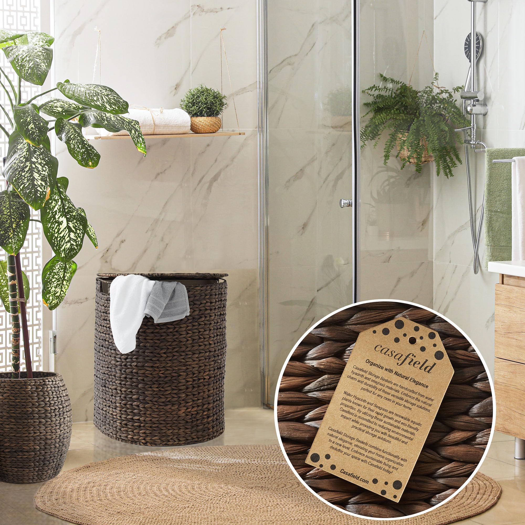 Casafield Half Moon Laundry Hamper with Lid and Removable Liner Bag - Natural, Woven Water Hyacinth Laundry Basket for Clothes and Towels