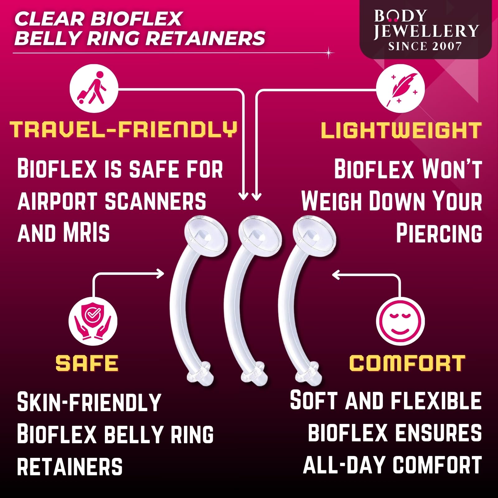 bodyjewellery 3pcs 14g Belly Button Rings Navel Piercing Retainer Clear Flexible Acrylic Bioflex Rubber O Rings Jewelry - 12mm