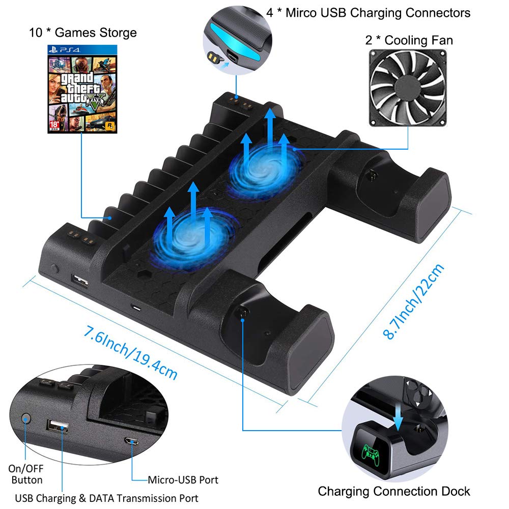Megadream Cooling Fan Stand for PS4, Dual Controller Charge Station for PS4 Slim/PS4 Pro/Playstation 4, Multifunctional Vertical Cooling Stand with LED Indicator, 10PCS Games Storage, 4 Usb Connectors
