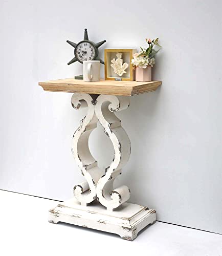 French Country Accent Wood Rectangle End Table, Farmhouse Rustic Wood Side Table with Natural Wood Top and Distressed White Carved Base, Vintage Table for Slim Spaces, 19.75 x 11.75 x 27.5 Inches