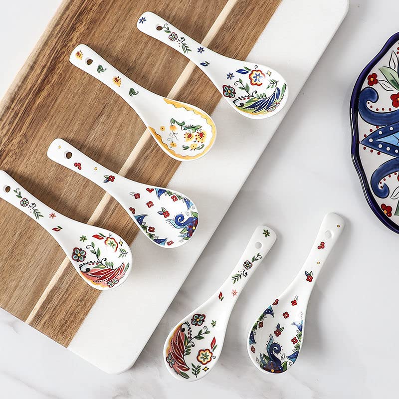 HonHeam Ceramic Soup Spoons Set, Bohemian Porcelain Rice Spoons, Colorful Glaze Flower Pattern Tableware Spoons Set of 4