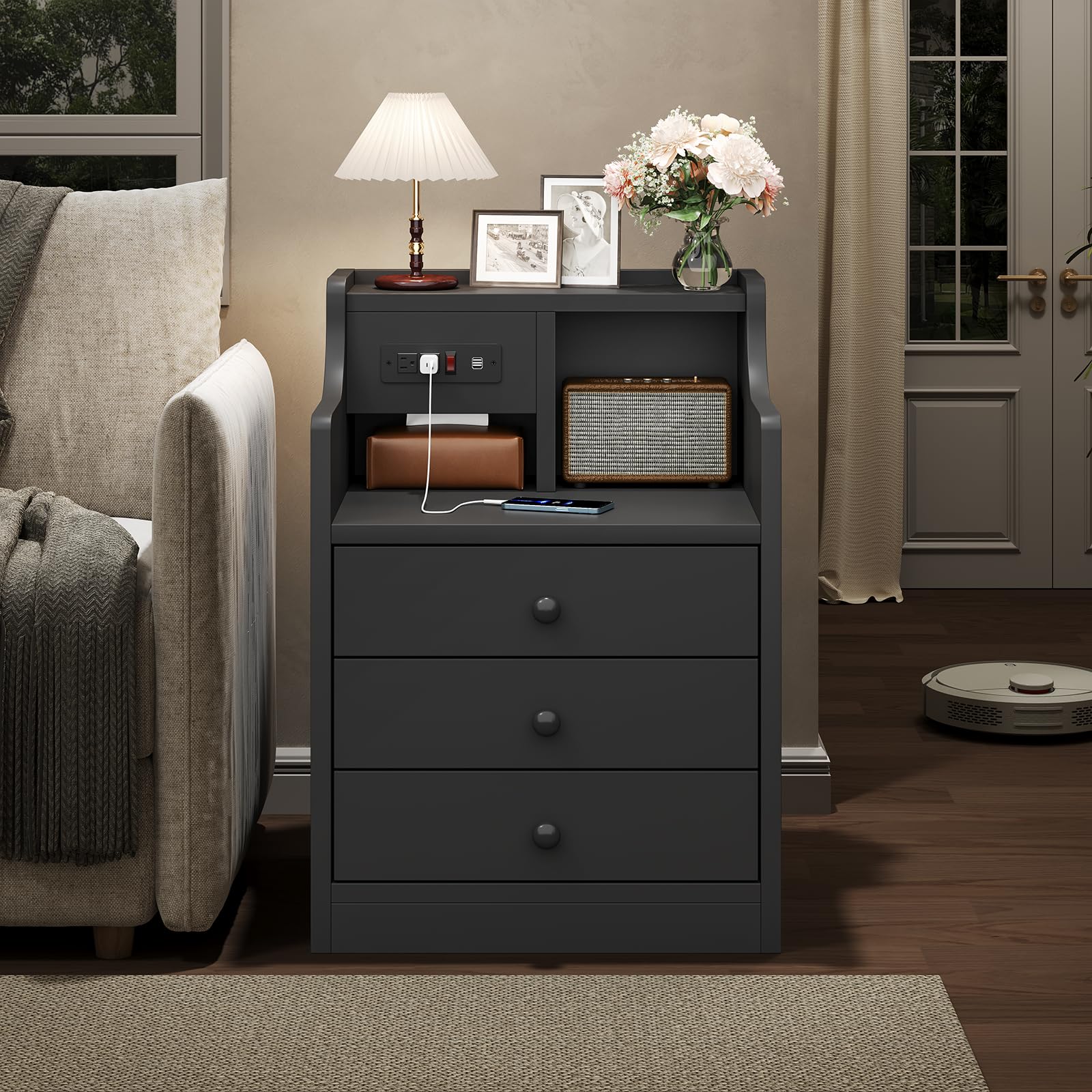 Tiptiper Black Nightstand with Charging Station 3 Drawers, Wood Sofa End Side Table with USB Ports and Outlet, Bedside Table Bedroom Nightstand with Sliding Drawer & Hutch