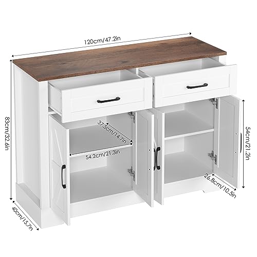 BOTLOG Farmhouse Buffet Cabinet with Storage, 47.2" Sideboard Storage Cabinet with Drawers Coffee Bar Cabinet for Kitchen, Dining Room, Hallway, White