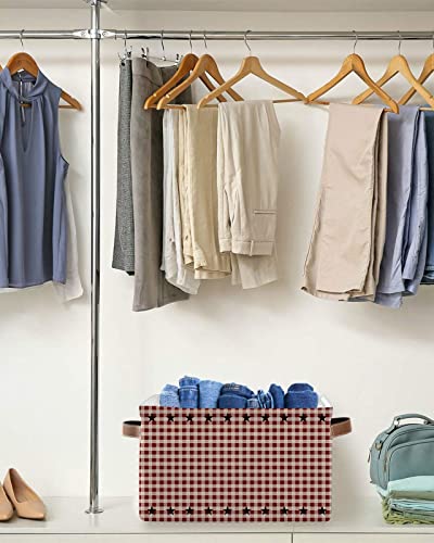 Country Star Storage Basket Waterproof Cube Storage Bin Organizer with Handles, Farmhouse Red Buffalo Plaid Rustic Collapsible Storage Cubes Bins for Clothes Books Toys 15"x11"x9.5"