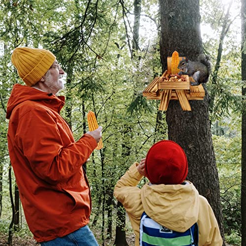 Carbonized Wood Squirrel Feeder, Squirrel Feeders for Outside Durable squrrill Picnic Table with Solid Structure Waterproof Chipmunk Feeder with Corn Cob Holder, Fenced Tabletop for Holding Peanuts