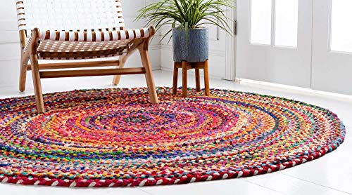 Unique Loom Braided Chindi Collection Area Rug - Layer (3' 3" Round, Multi/ Blue)