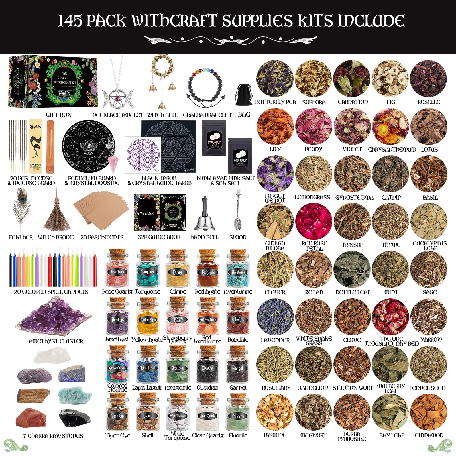 SHYSHINY Witchcraft Supplies Kit, 145Pack Wiccan Supplies and Tools Witchy Gifts for Beginners, Dried Herbs, Crystals, Candles, Green Witch Altar Starter Spell