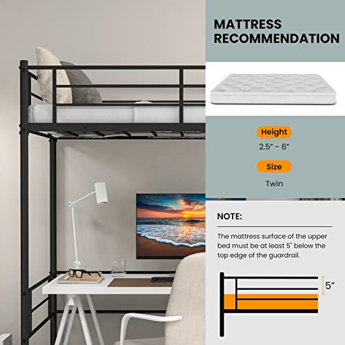 Giantex Metal Loft Bed Twin Size for Juniors & Adults, Loft Bed Frame with Ladder & Safety Guardrail, 61" Under-Bed Space, Space-Saving Twin Bed for Teens, No Box Spring Needed (Black)