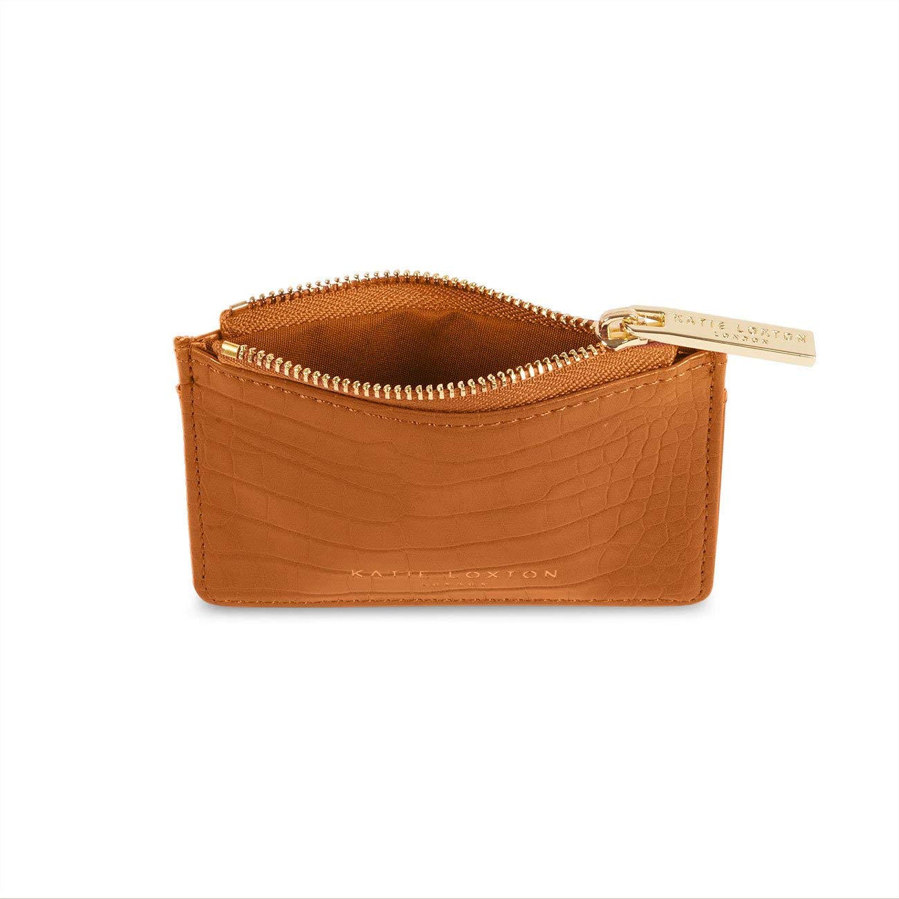 KATIE LOXTON Faux Crocodile Print Womens Medium Vegan Leather Zippered Card Holder Wallet Cognac