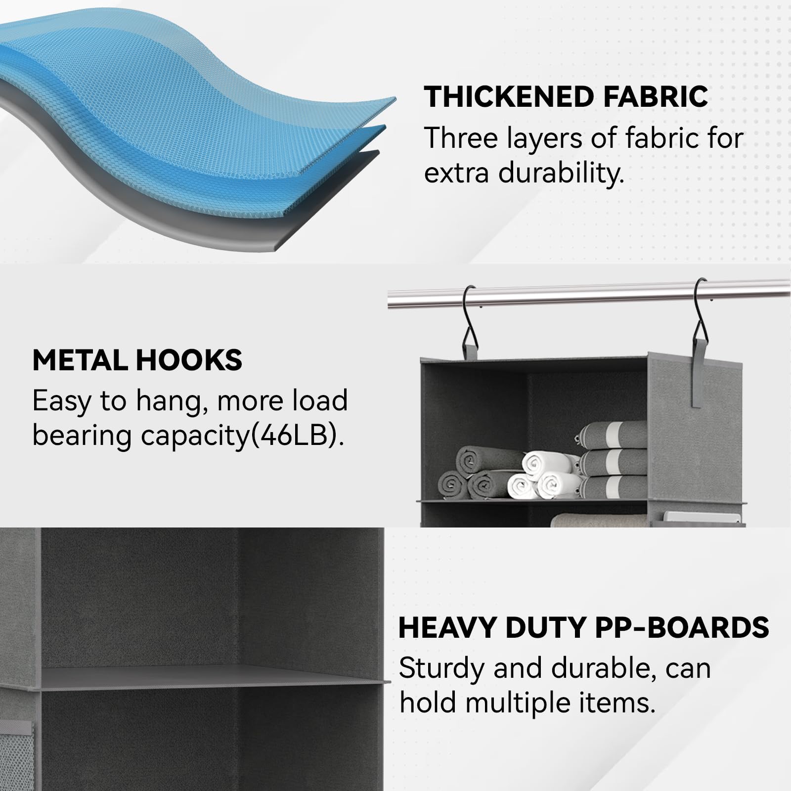 CHILIGO 6-Shelf Hanging Closet Organizer and Storage, Foldable Closet Hanging Organizer, Two 3-Shelf Separable Closet Hanging Shelves with 3 Transparent Drawers 4 Side Pockets