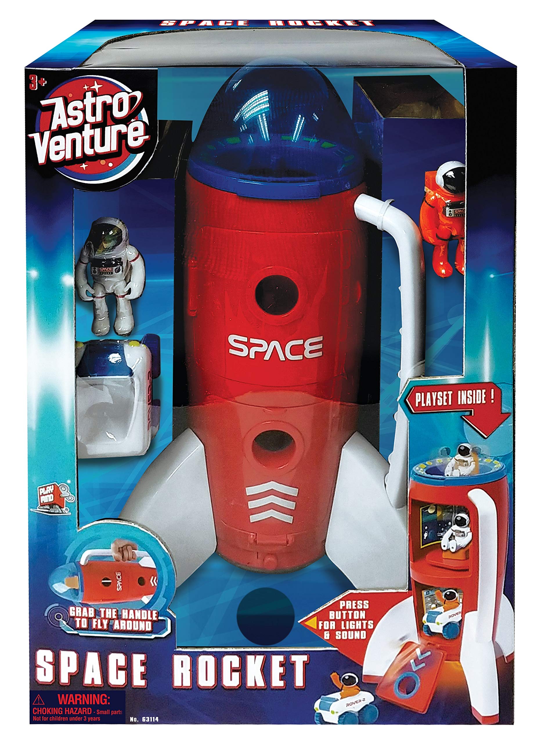 Astro Venture Spaceship Rocket Toy Playset with 2 Astronauts and Rover Vehicle - Lights and Sound Effects, Plus Carrying Handle for Blasting to The Moon and Flying Back - Play and Explore Space Toys