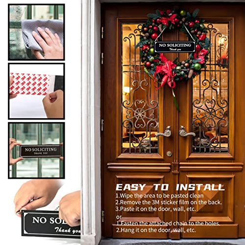 BEDEONE No Soliciting Sign for House, Strong Self Adhesive No Soliciting Signs for home, Hanging No Solicitors Sign for Front Door - Premium Frosted Material with Digitally Printed, Come with Chain