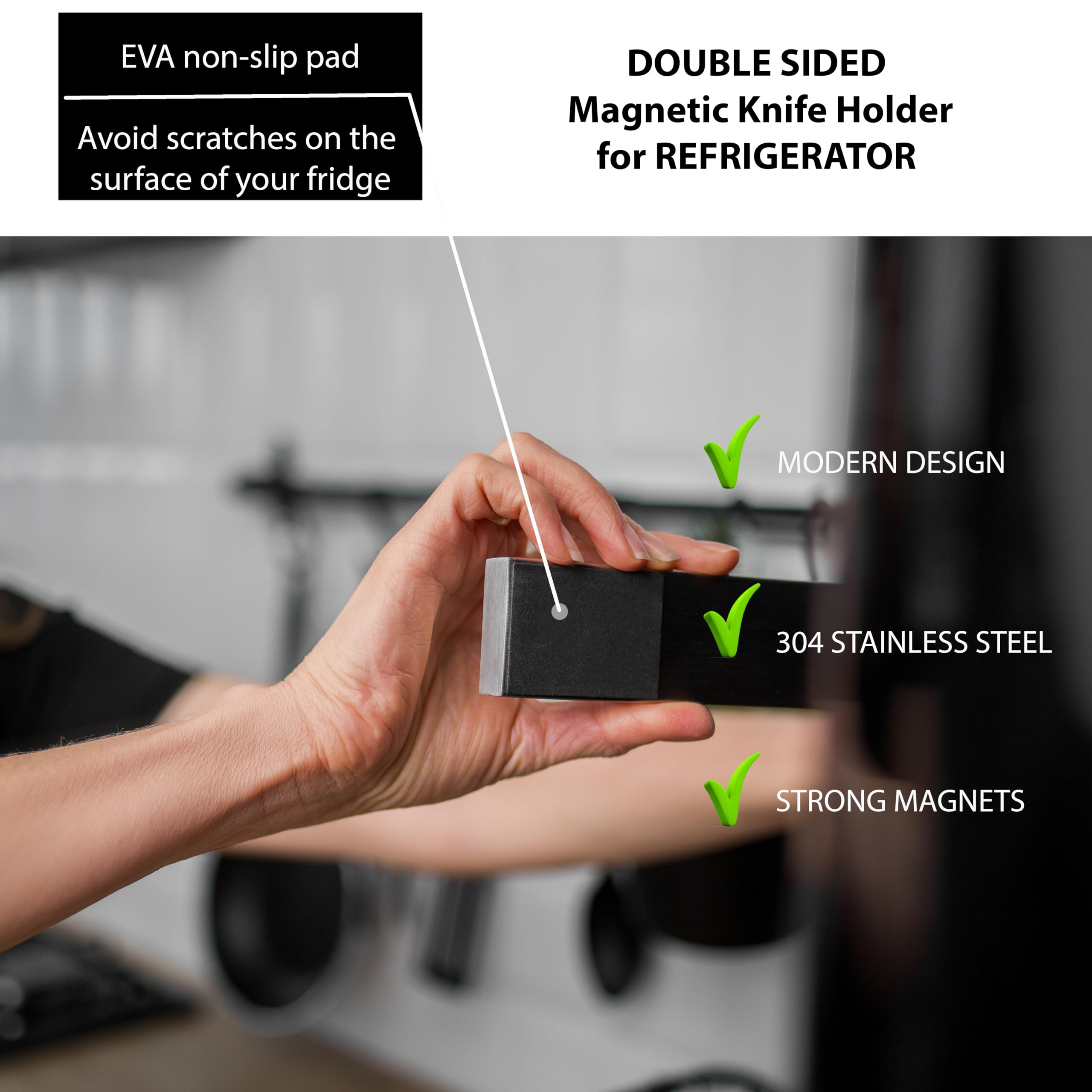 Hamletoff Premium Magnetic Knife Holder for Refrigerator β 16 Inch Professional Double Sided Magnetic Knife Strip for Fridge - Stainless Steel Magnetic Knife Holder for Wall Self Adhesive