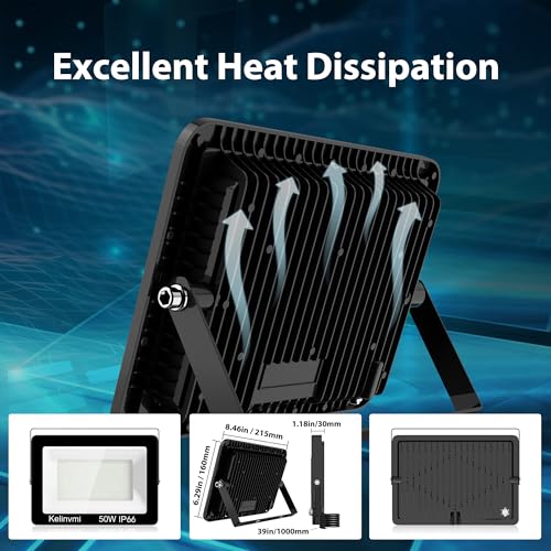 kelinvmi LED Flood Lights Outdoor 50W, Outdoor Security Light 5000lm High Brightness with Plug, 4200K Work Light with IP66 Outdoor Floodlights for Garage, Porch, Backyard, Playground