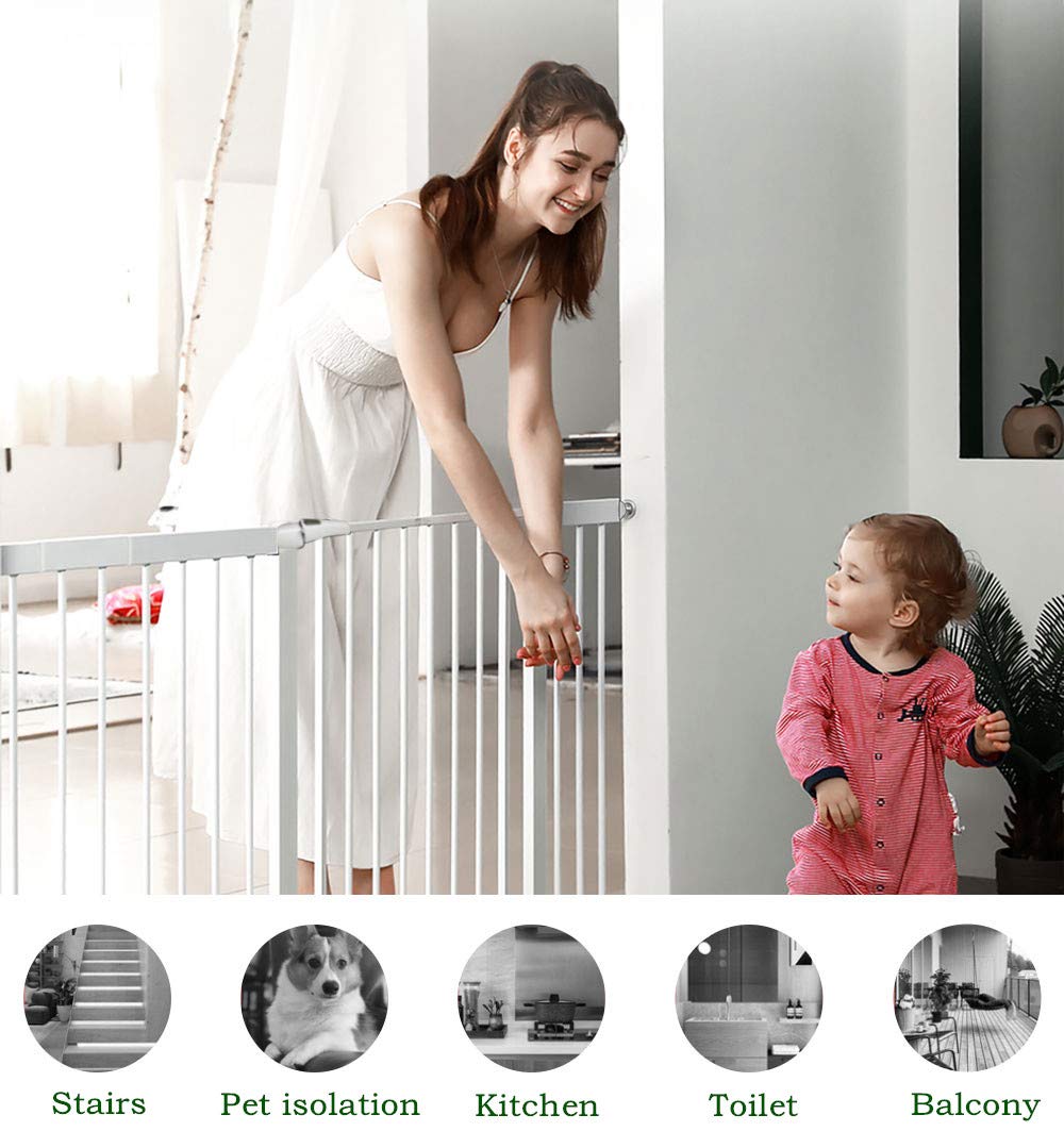 Auto Close Door Gate with Alarm 29.5" to 51.6" Extra Wide Walk Thru Baby Gate No Drilling, White
