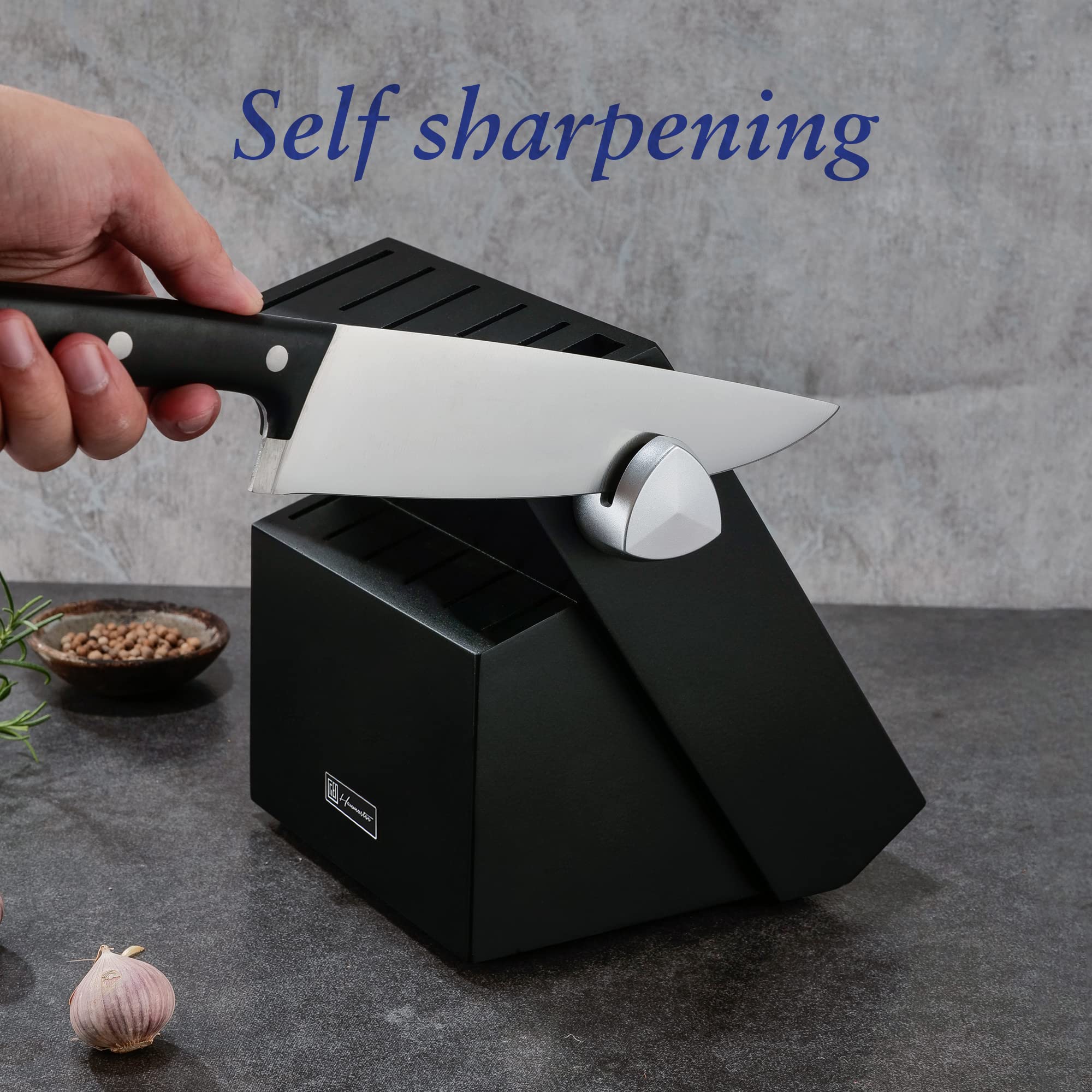 Hanmaster Knife Set, 13 Pieces Stainless Steel Knife Sets for Kitchen with Block, Kitchen Scissors, Sharp Kitchen Knife for Home and Restaurants, Box Packed,Elegant Black.