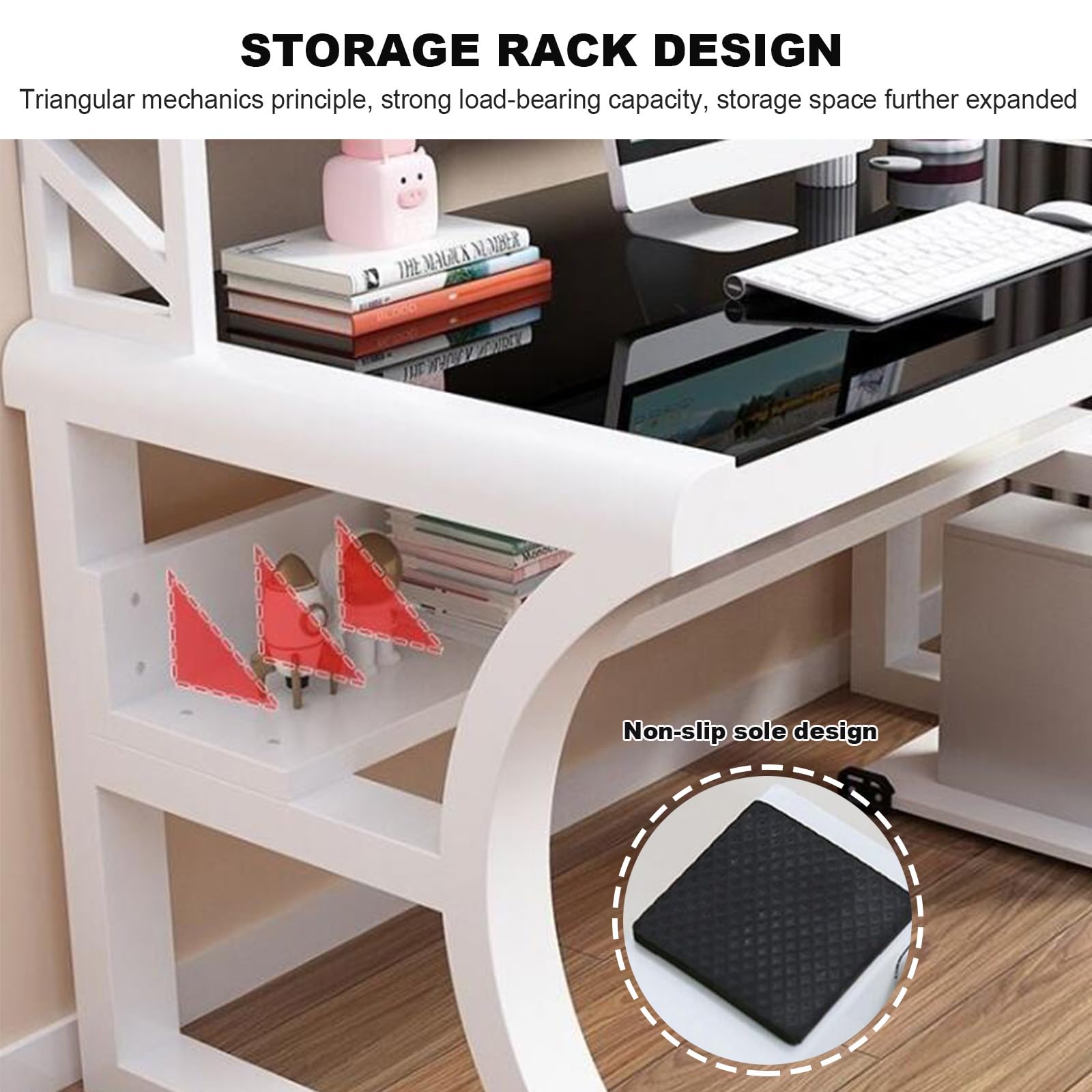 TopJia Tempered Glass Computer Desk, Large Office Desk with Storage Shelves, Modern Simple Gaming Table with Metal Frame, Writing Study Desk for Home Office Workstation(80cm/31inch, C), 1750318