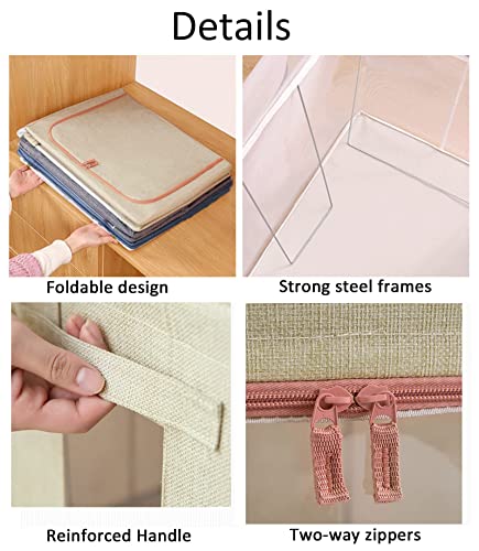 choedii Storage Containers 2-Pack Stackable Large Foldable Clear Organizer Bags for Organizing Clothes Waterproof Bin Box with Lid Zipper Handles 66L (Beige 2pcs)