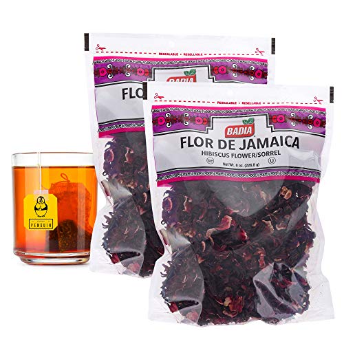 Badia Flor De Jamaica Hibiscus Flower Bundle (2 Pack) - Enjoy a Soothing, Flavorful Tea with these Hibiscus Flowers - Comes with a Premium Penguin Tea Card